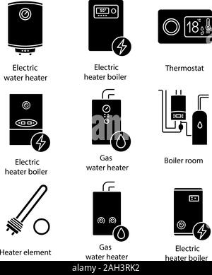 Heating glyph icons set. Boilers, radiators, water heaters. Gas, electric, solid fuel, pellet ...