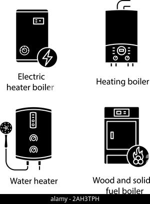 Heating glyph icons set. Electric and gas water heaters, heating boiler, industrial water heater ...