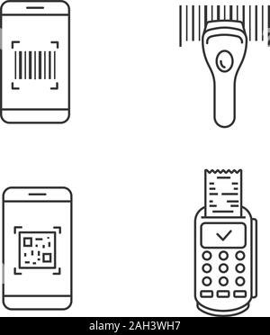 Barcodes linear icons set. Smartphone bar code scanning, delivery ...
