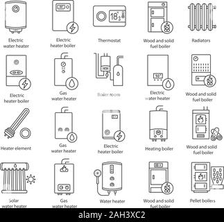Heating linear icons set. Boilers, heaters, thermostat, boiler room ...
