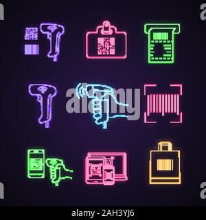 Barcodes neon light icons set. QR code scanner, paper receipt in hand ...