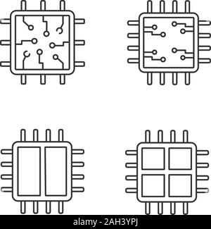 Processors linear icons set. Chip, microprocessor, integrated unit, six and octa core processors ...
