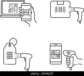 Barcodes linear icons set. Smartphone barcode scanner, linear code reader, scanning app, payment ...