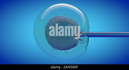 IVF cell and needle injecting, 3D CGI render with blue color, cell ...