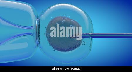 IVF cell and needle injecting, 3D CGI render with blue color, cell ...