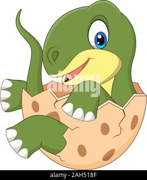 Happy baby dinosaur brontosaurus sitting in egg on nature. Cute cartoon character. Vector ...
