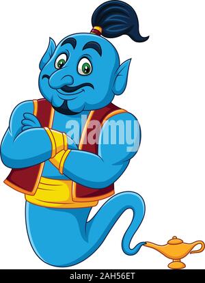 Illustration of a friendly Jinn or genie coming out of a gold magic oil lamp like the one in the ...
