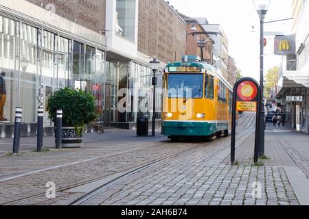 Norrkoping, Sweden - September 2, 2019: Front view of an yellow tram of ...