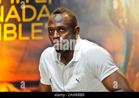Jamaican athletics legend Usain Bolt during a public interview Stock ...