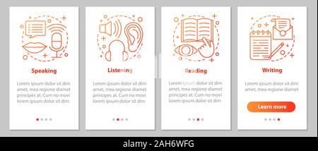 Basic language skills onboarding mobile app page screen with linear concepts. Reading, writing ...