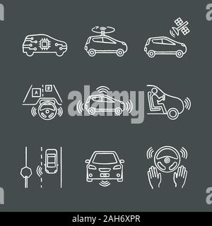 Autonomous car chalk icons set. Sensors, self-driving auto detecting ...
