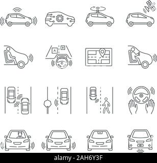 Autonomous car linear icons set. Detecting pedestrians, full automation ...