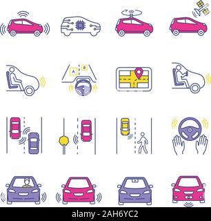Autonomous car color icons set. Intelligent auto detecting other ...