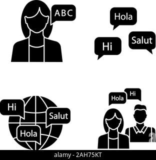 Foreign language learning glyph icons set. Grammar, e-learning, reading ...