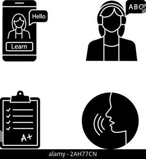 Foreign language learning glyph icons set. Translation, language for ...
