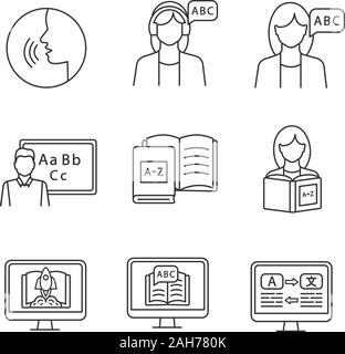 Foreign language learning linear icons set. Educational app, listening ...