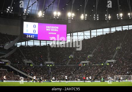 The big screen displays the VAR decision of no penalty after Newcastle ...