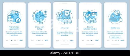 Volunteers finding onboarding mobile app page screen with linear ...