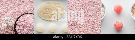 collage of sugar scrub balls, pink bath salt with lily on white marble ...