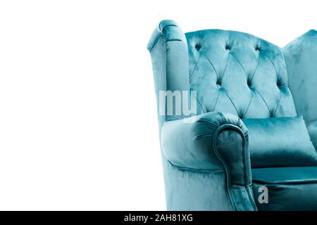 close up view of elegant velour blue armchair with pillow Stock Photo ...