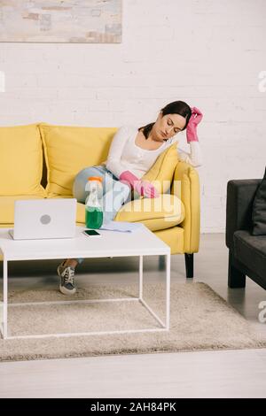 cleaning woman near the sofa detergent rags sponges provision of ...