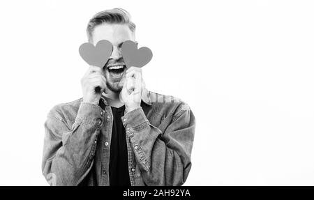 Guy well groomed hold heart white background. Romantic macho. Man with ...