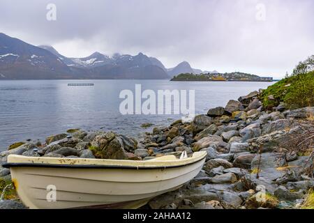 The landscape view of Senja Island with Husoy village in Norway Stock ...