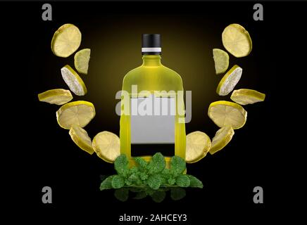 Flying bottle and glass of tasty wine with fresh grapes, wooden barrel ...