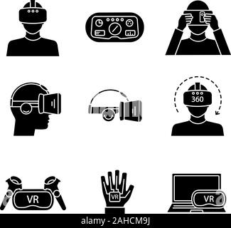 Virtual reality platform black glyph icon. Man in VR helmet gaming on ...