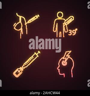 Vaccination and immunization neon light icons set. Glowing signs. Kid's ...
