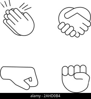 Hand gesture emojis linear icons set. Thin line contour symbols. Pointing fingers, fists, palms ...