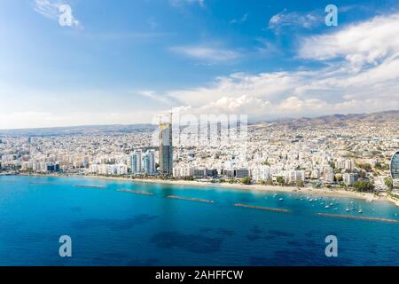 Aerial view of Molos Promenade on the coast of Limassol city in Cyprus ...