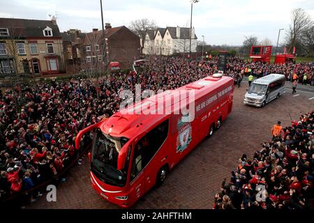 The Liverpool team bus arrives at the stadium. UEFA Champions League ...
