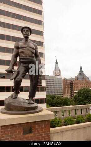 Wisconsin US state flag with statue of lady justice and judicial scales ...