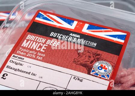 Close up plastic wrapped ASDA mince beef with freezing instructions ...