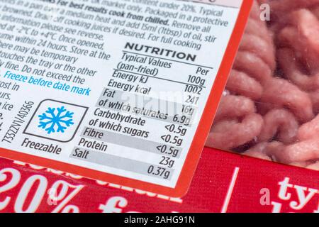 Close up plastic wrapped ASDA mince beef with freezing instructions ...