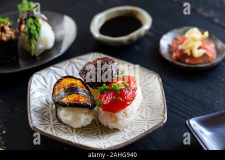 Vegan sushi with tomato, mushroom and aubergine Stock Photo - Alamy