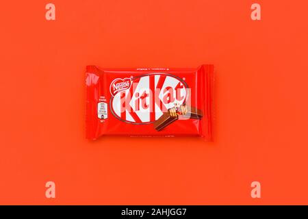 NY, USA - DECEMBER 4, 2019: Kit Kat chocolate bars in red wrapping lies ...