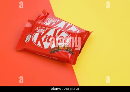 NY, USA - DECEMBER 4, 2019: Kit Kat chocolate bars in red wrapping lies ...