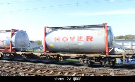 ISO tanktainer container on moving railway wagon, Venlo, Netherlands ...