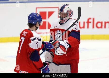 Goalkeeper Lukas Parik (CZE) in action during the 2020 IIHF World Junior Ice Hockey ...
