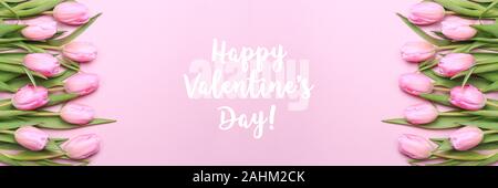 Happy Valentines Day wording with pink tulips on the pink background ...