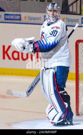 Goalkeeper Spencer Knight (USA) in action during the 2020 IIHF World ...