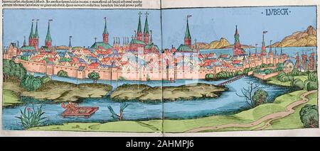 Medieval walled city of Nuremberg Germany 1400s. Hand-colored woodcut ...