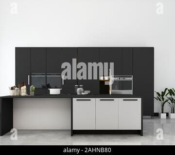 3d rendering white minimal mock up loft kitchen with wood decoration ...