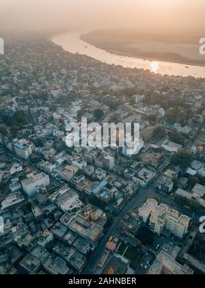 Varanasi ancient city architecture with aerial view of Varanasi Ganges ...