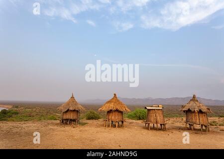Traditional grain stores at the Karo tribal village of Kolcho in the ...