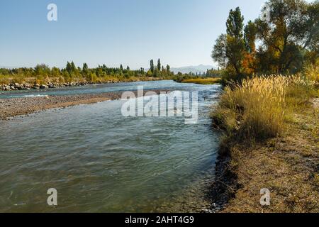 A beautiful view of a river flowing between tree-covered mountains ...