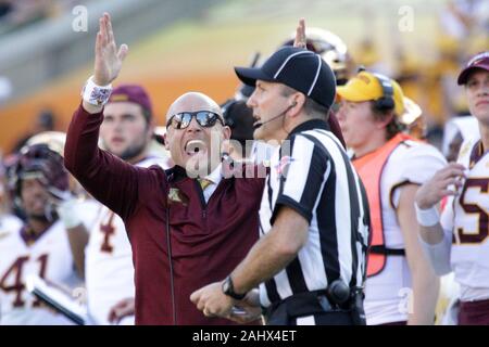 Minnesota head coach P. J. Fleck on the sideline during the first half ...