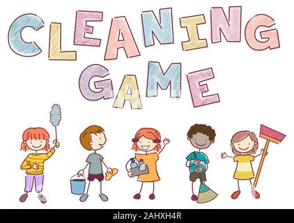 Illustration of Stickman Kids Playing a Cleaning Game with Teacher ...